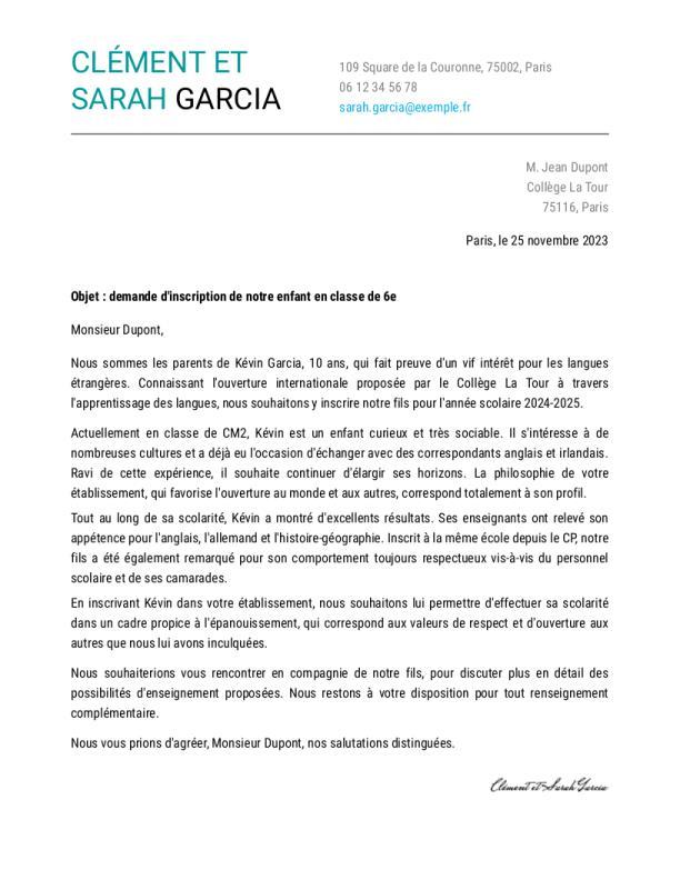Exemples de lettre de motivation pour un collège privé | monCVParfait