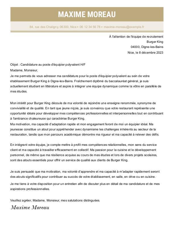 Lettre de motivation Burger King : exemples et guide complet